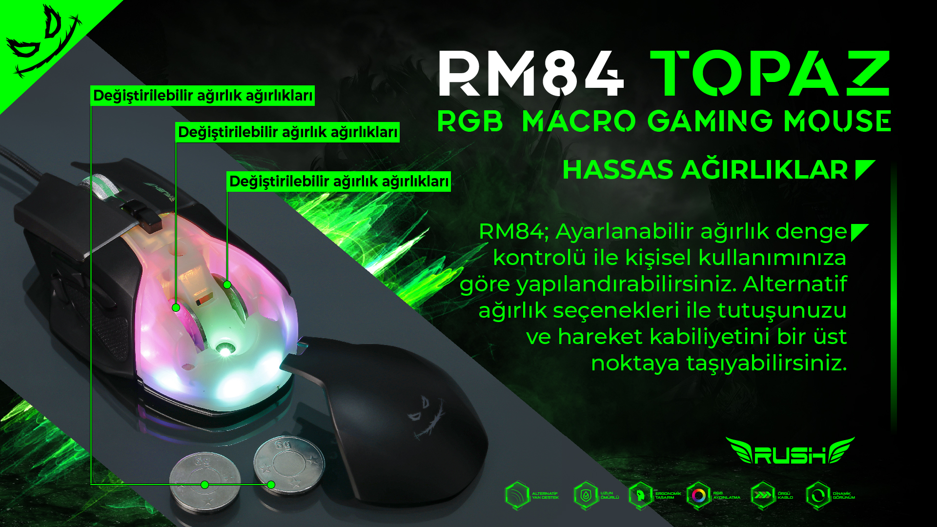 Rush Topaz RM84 10000 Dpi RGB 6d Makro Pro Oyuncu Mouse